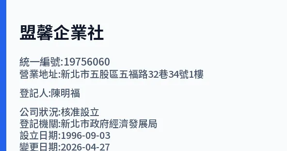 盟馨企業社的照片-統編 19756060(新北市) 公司登記資料與營業項目詳細圖表