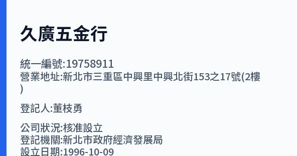 久廣五金行的照片-統編 19758911(新北市) 公司登記資料與營業項目詳細圖表