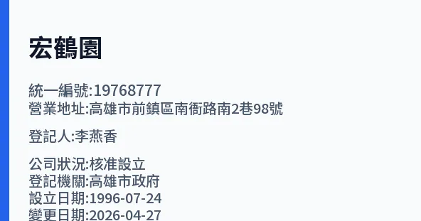 宏鶴園的照片-統編 19768777(高雄市) 公司登記資料與營業項目詳細圖表