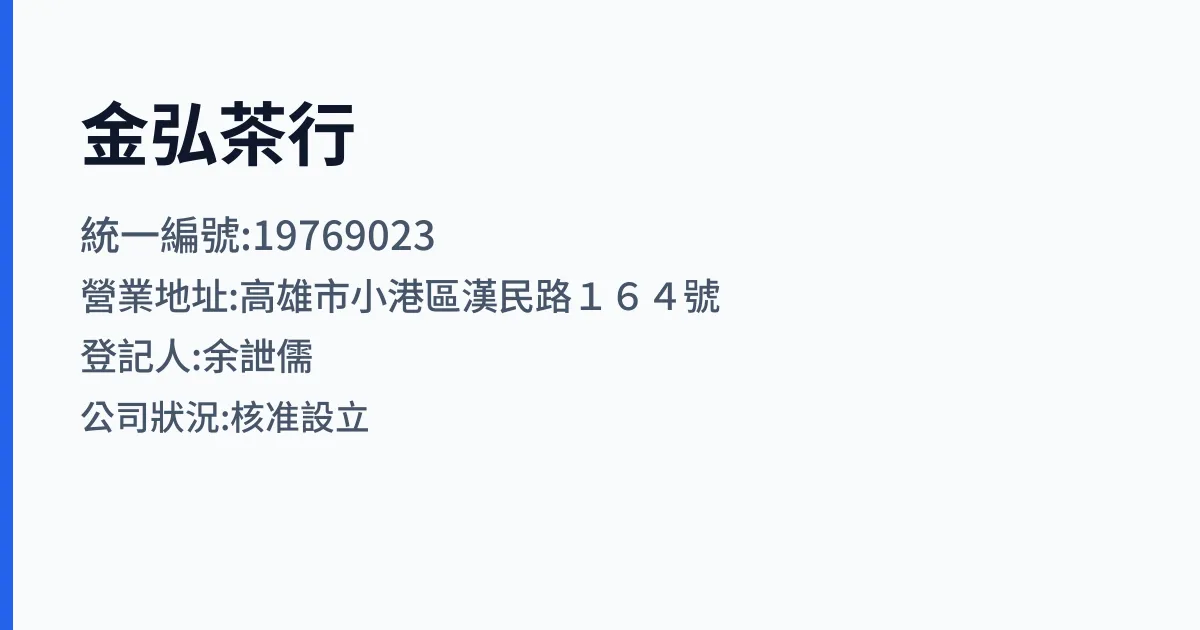 金弘茶行 - 統編 19769023(高雄市) 公司登記資料與營業項目詳細圖表