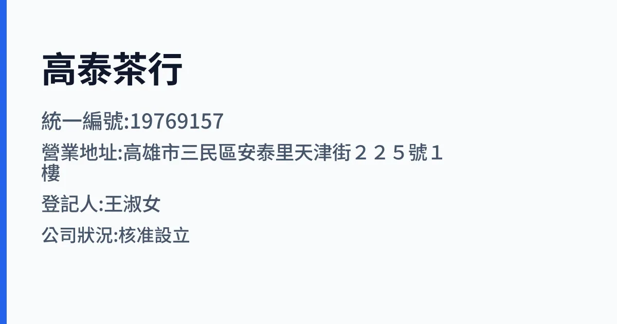 高泰茶行 - 統編 19769157(高雄市) 公司登記資料與營業項目詳細圖表