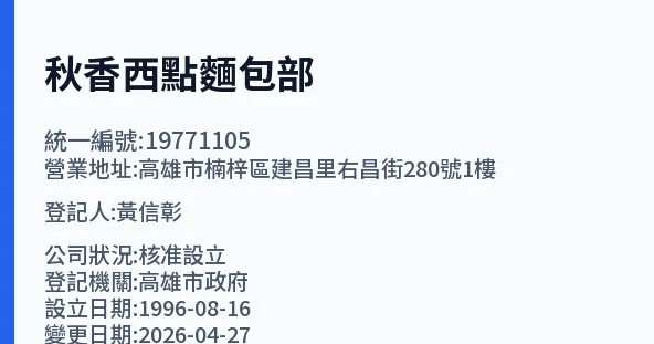 秋香西點麵包部的照片-統編 19771105(高雄市) 公司登記資料與營業項目詳細圖表