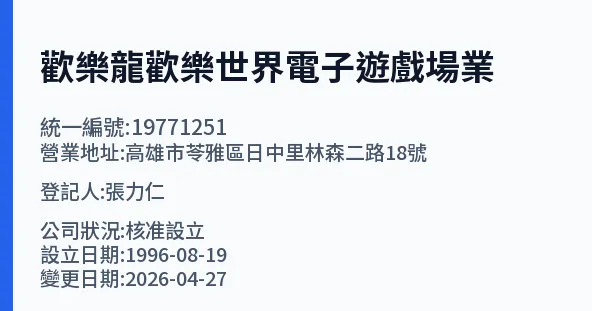 歡樂龍歡樂世界電子遊戲場業的照片-統編 19771251(高雄市) 公司登記資料與營業項目詳細圖表