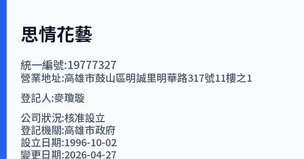 思情花藝的照片-統編 19777327(高雄市) 公司登記資料與營業項目詳細圖表