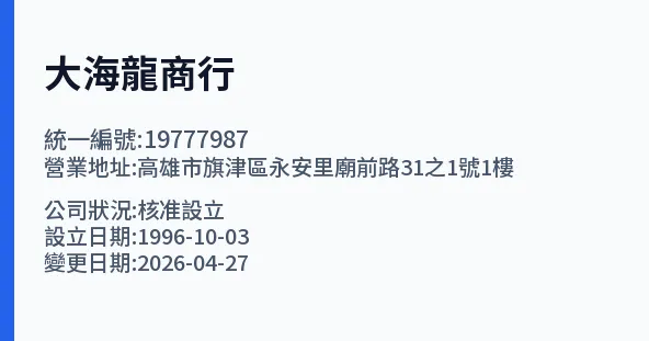 大海龍商行的照片-統編 19777987(高雄市) 公司登記資料與營業項目詳細圖表