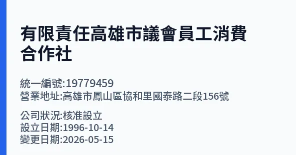 有限責任高雄市議會員工消費合作社的照片-統編 19779459(高雄市) 公司登記資料與營業項目詳細圖表