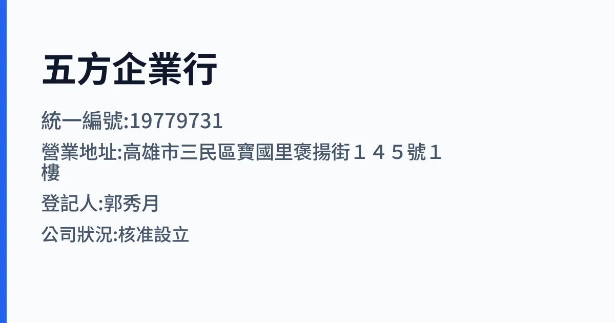 五方企業行 - 統編 19779731(高雄市) 公司登記資料與營業項目詳細圖表