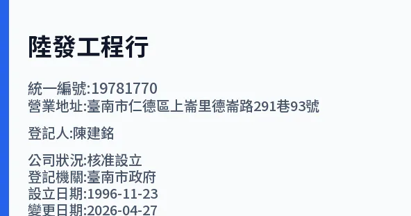 陸發工程行的照片-統編 19781770(臺南市) 公司登記資料與營業項目詳細圖表