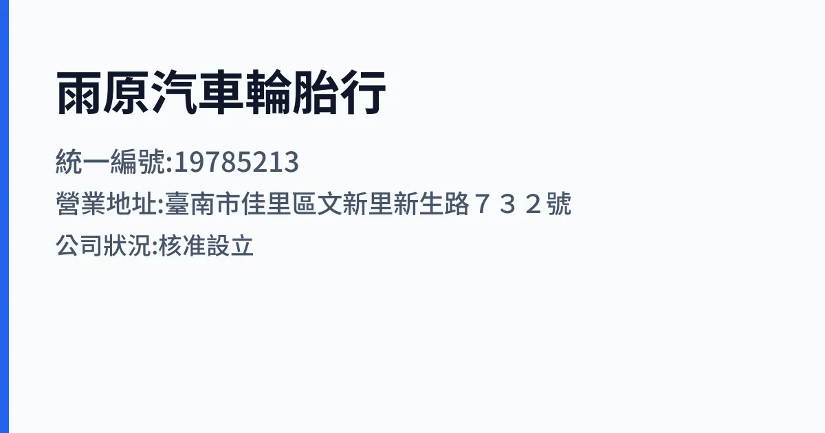 雨原汽車輪胎行 - 統編 19785213(臺南市) 公司登記資料與營業項目詳細圖表
