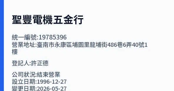 聖豐電機五金行的照片-統編 19785396(臺南市) 公司登記資料與營業項目詳細圖表