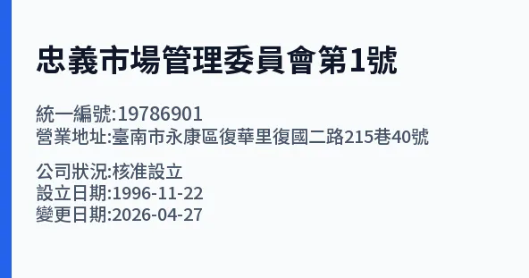 忠義市場管理委員會第1號的照片-統編 19786901(臺南市) 公司登記資料與營業項目詳細圖表