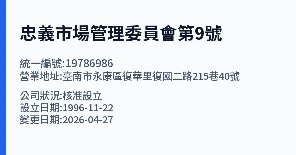 忠義市場管理委員會第9號的照片-統編 19786986(臺南市) 公司登記資料與營業項目詳細圖表