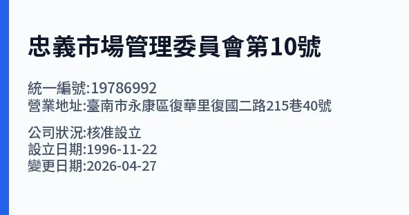 忠義市場管理委員會第10號的照片-統編 19786992(臺南市) 公司登記資料與營業項目詳細圖表