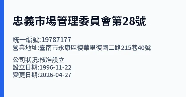忠義市場管理委員會第28號的照片-統編 19787177(臺南市) 公司登記資料與營業項目詳細圖表