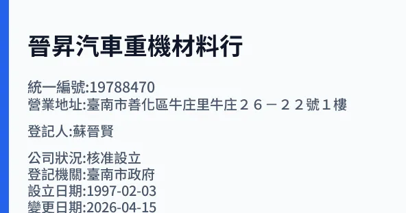 晉昇汽車重機材料行的照片-統編 19788470(臺南市) 公司登記資料與營業項目詳細圖表