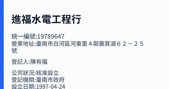 進福水電工程行的照片-統編 19789647(臺南市) 公司登記資料與營業項目詳細圖表
