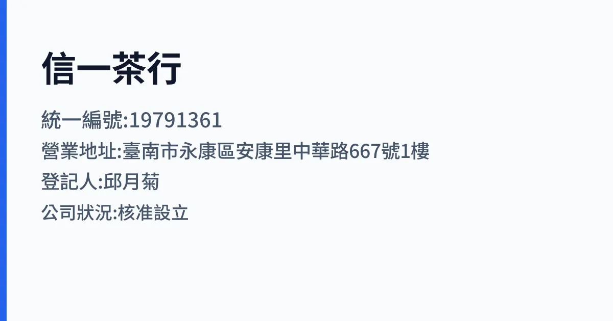 信一茶行 - 統編 19791361(臺南市) 公司登記資料與營業項目詳細圖表