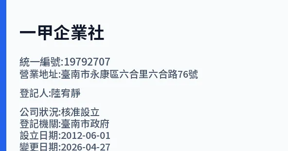 一甲企業社的照片-統編 19792707(臺南市) 公司登記資料與營業項目詳細圖表