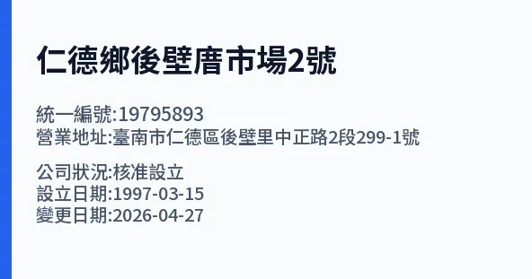 仁德鄉後壁庴市場2號的照片-統編 19795893(臺南市) 公司登記資料與營業項目詳細圖表