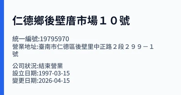 仁德鄉後壁庴市場１０號的照片-統編 19795970(臺南市) 公司登記資料與營業項目詳細圖表