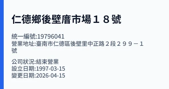 仁德鄉後壁庴市場１８號的照片-統編 19796041(臺南市) 公司登記資料與營業項目詳細圖表
