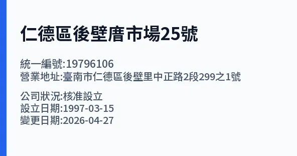 仁德區後壁庴市場25號的照片-統編 19796106(臺南市) 公司登記資料與營業項目詳細圖表