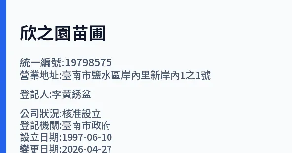 欣之園苗圃的照片-統編 19798575(臺南市) 公司登記資料與營業項目詳細圖表