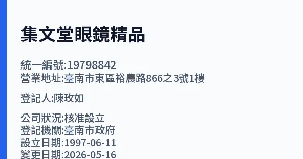 集文堂眼鏡精品的照片-統編 19798842(臺南市) 公司登記資料與營業項目詳細圖表