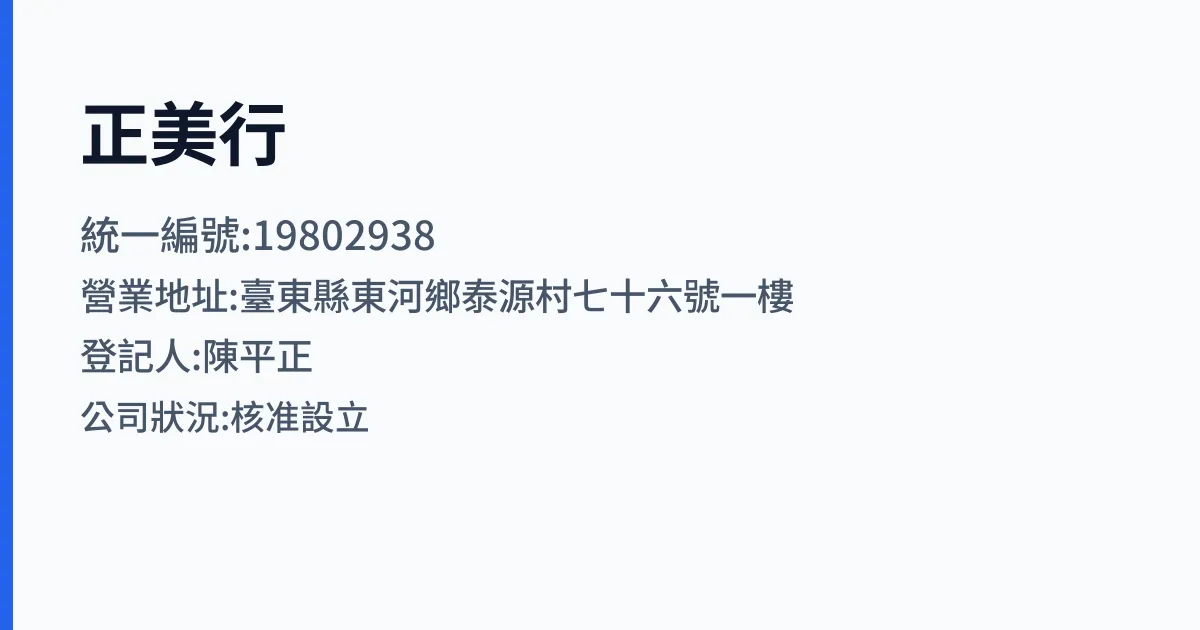 正美行 - 統編 19802938(臺東縣) 公司登記資料與營業項目詳細圖表