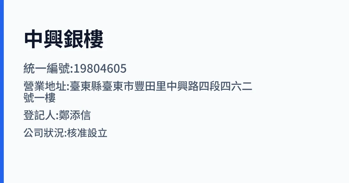 中興銀樓 - 統編 19804605(臺東縣) 公司登記資料與營業項目詳細圖表