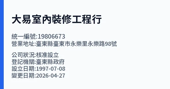 大易室內裝修工程行的照片-統編 19806673(臺東縣) 公司登記資料與營業項目詳細圖表