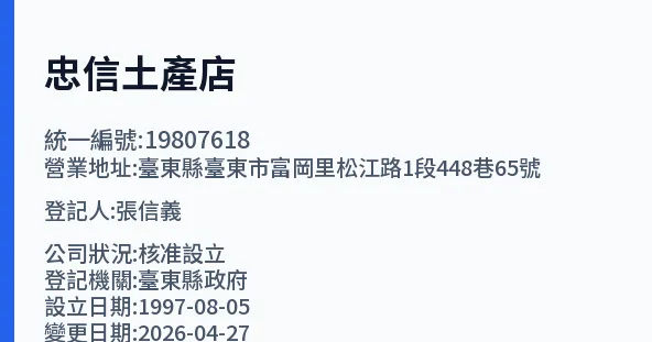 忠信土產店的照片-統編 19807618(臺東縣) 公司登記資料與營業項目詳細圖表