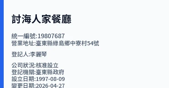 討海人家餐廳的照片-統編 19807687(臺東縣) 公司登記資料與營業項目詳細圖表