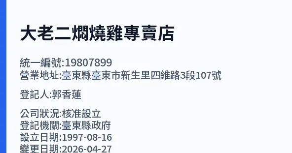 大老二燜燒雞專賣店的照片-統編 19807899(臺東縣) 公司登記資料與營業項目詳細圖表