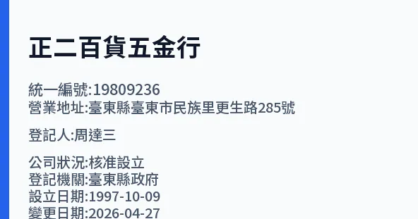 正二百貨五金行的照片-統編 19809236(臺東縣) 公司登記資料與營業項目詳細圖表