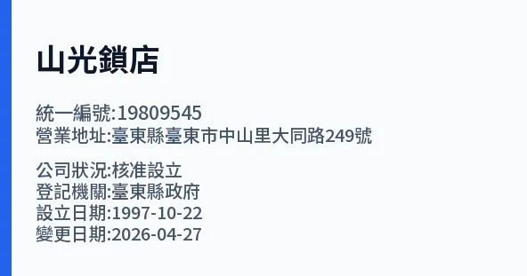 山光鎖店的照片-統編 19809545(臺東縣) 公司登記資料與營業項目詳細圖表