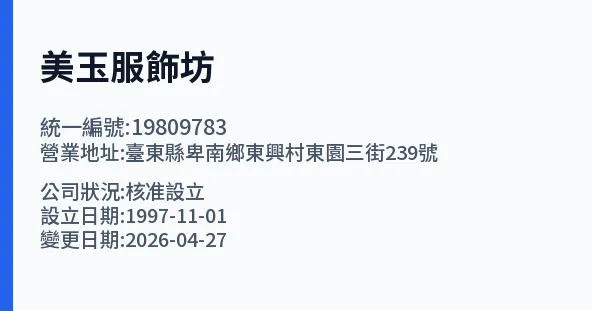 美玉服飾坊的照片-統編 19809783(臺東縣) 公司登記資料與營業項目詳細圖表