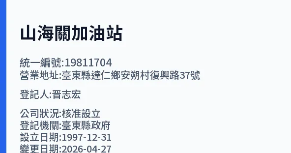 山海關加油站的照片-統編 19811704(臺東縣) 公司登記資料與營業項目詳細圖表