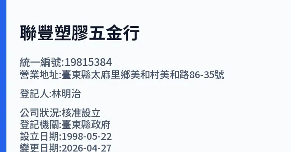 聯豐塑膠五金行的照片-統編 19815384(臺東縣) 公司登記資料與營業項目詳細圖表