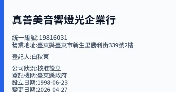 真善美音響燈光企業行的照片-統編 19816031(臺東縣) 公司登記資料與營業項目詳細圖表