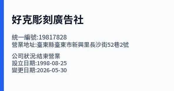 好克彫刻廣告社的照片-統編 19817828(臺東縣) 公司登記資料與營業項目詳細圖表