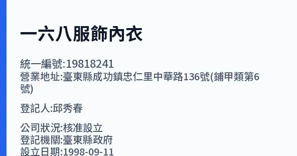 一六八服飾內衣的照片-統編 19818241(臺東縣) 公司登記資料與營業項目詳細圖表