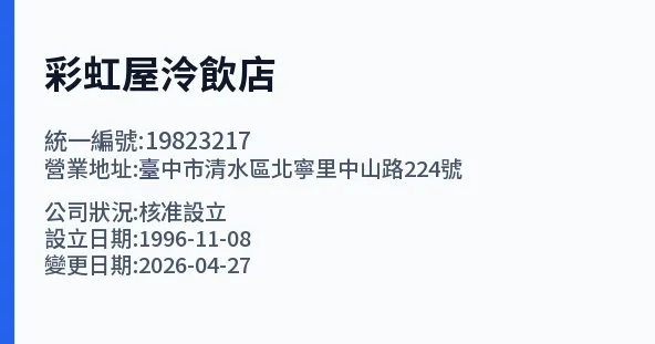 彩虹屋泠飲店的照片-統編 19823217(臺中市) 公司登記資料與營業項目詳細圖表