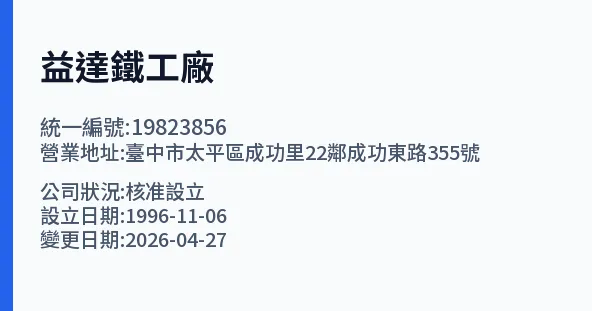 益達鐵工廠的照片-統編 19823856(臺中市) 公司登記資料與營業項目詳細圖表