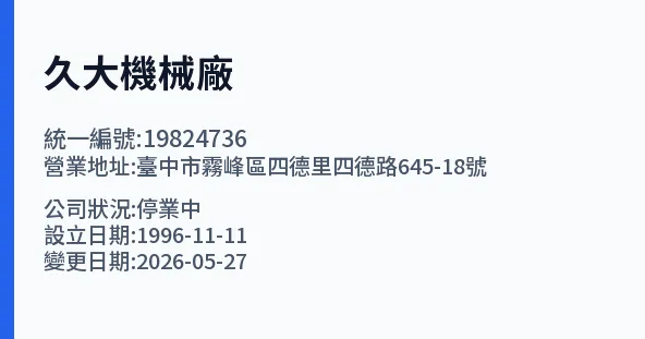 久大機械廠的照片-統編 19824736(臺中市) 公司登記資料與營業項目詳細圖表