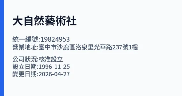 大自然藝術社的照片-統編 19824953(臺中市) 公司登記資料與營業項目詳細圖表