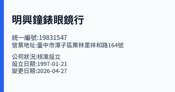 明興鐘錶眼鏡行的照片-統編 19831547(臺中市) 公司登記資料與營業項目詳細圖表