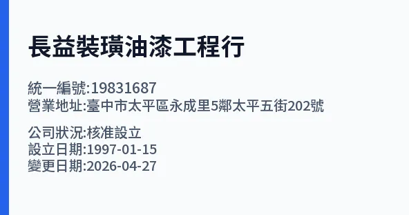 長益裝璜油漆工程行的照片-統編 19831687(臺中市) 公司登記資料與營業項目詳細圖表