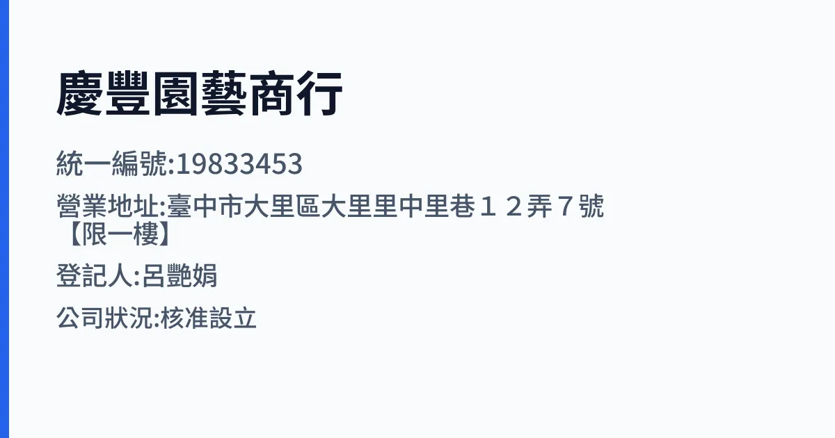 慶豐園藝商行 - 統編 19833453(臺中市) 公司登記資料與營業項目詳細圖表
