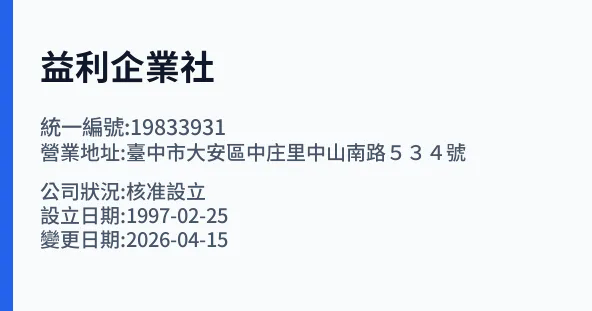 益利企業社的照片-統編 19833931(臺中市) 公司登記資料與營業項目詳細圖表